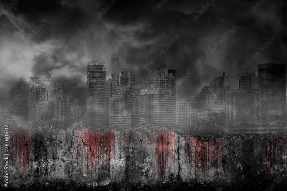 Bloody background scary on damaged grungy crack and broken concrete ...