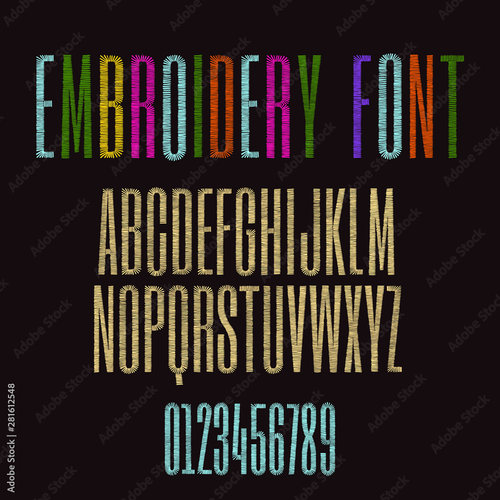 Embroidery font stitched with hand drawn thread. Alphabet letters and ...
