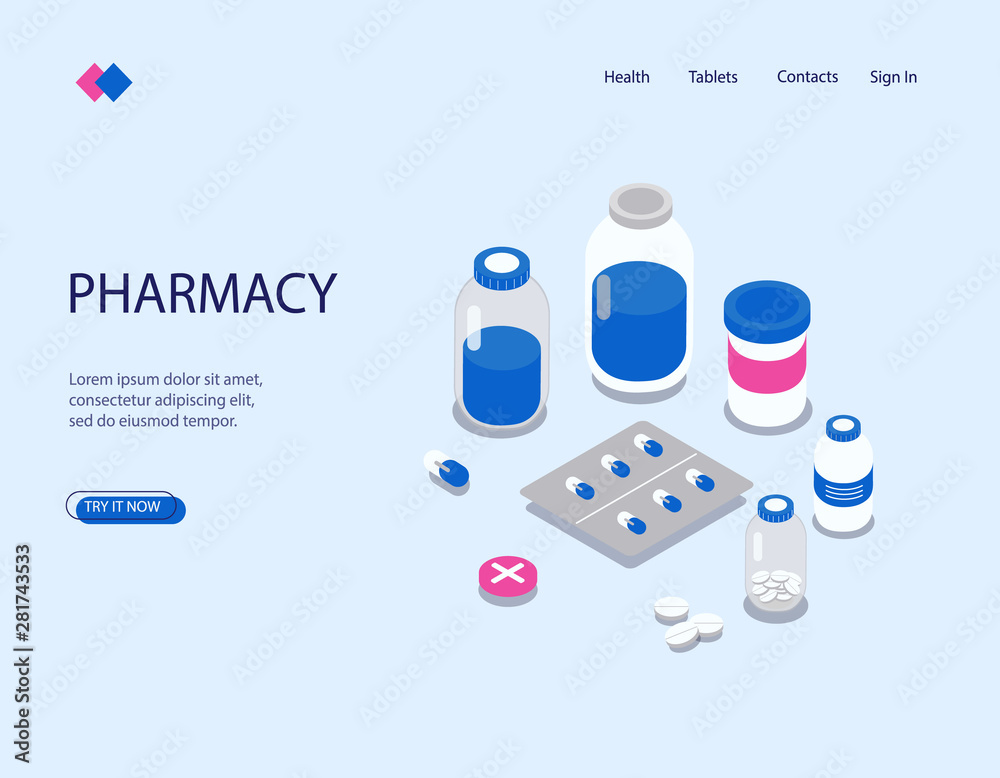 Isometric image on a white background of the pharmacy. Means of therapy, the concept of health ...