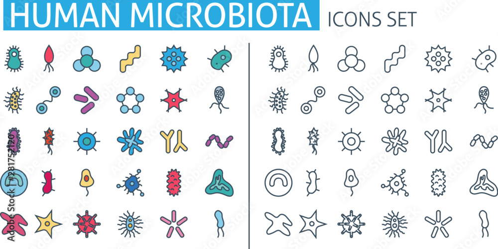 Human microbiota icons set. For medical Biology app, bacterial flora, pathogen, germ, virus ...