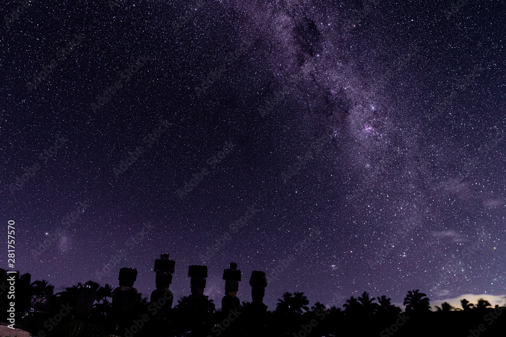 Milky Way Shows Above Moai On Easter Island, Chile. Stock Photo | Adobe ...