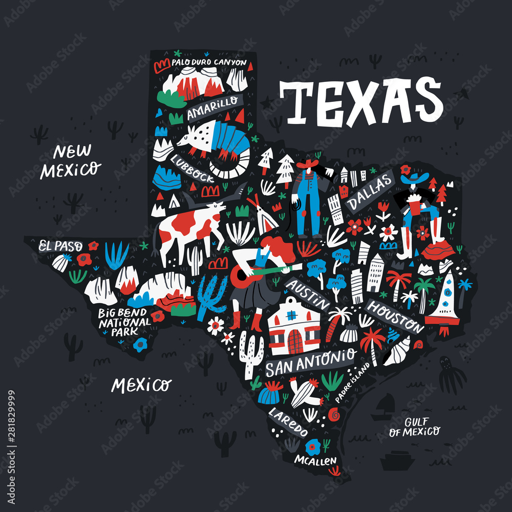Texas black map flat hand drawn vector illustration. Wild west culture ...