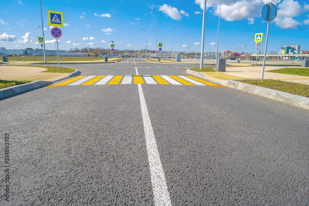 Open space with road signs and road markings, road intersections ...