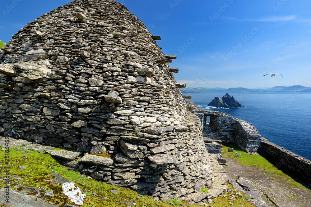 Skellig Michael or Great Skellig, home to the ruined remains of a ...