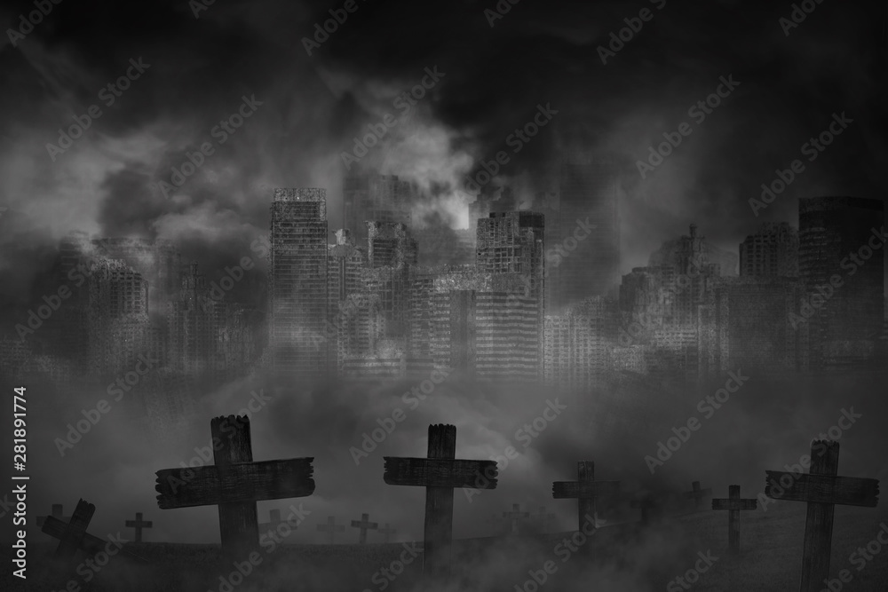 Scary background cemetery cross and abandoned large cities are covered ...