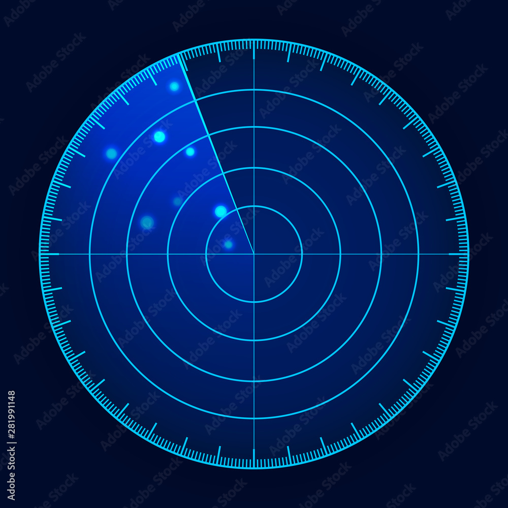Vector blue radar screen. Military search system. Futuristic HUD radar ...