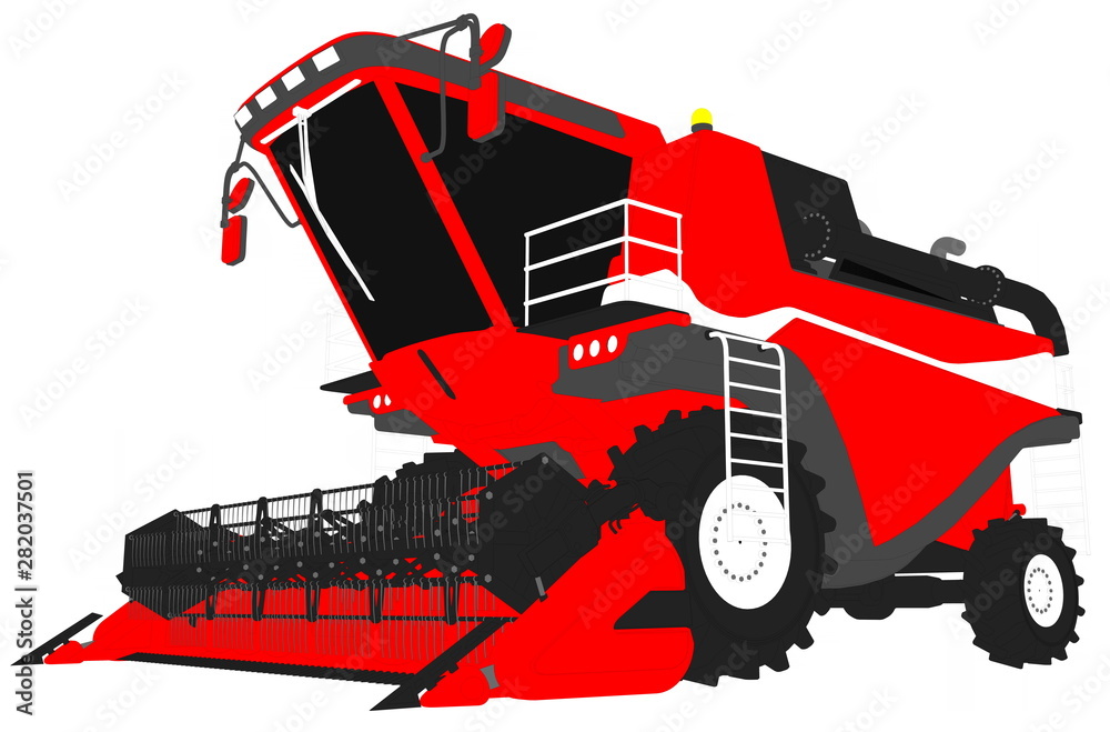 industrial 3D illustration of cartoon colored 3D model of big red rural ...