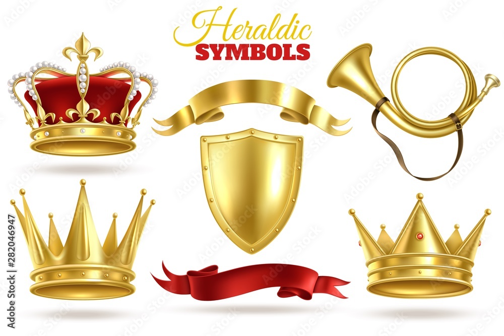 Realistic heraldic symbols. Golden crowns, king and queen gold diadem ...