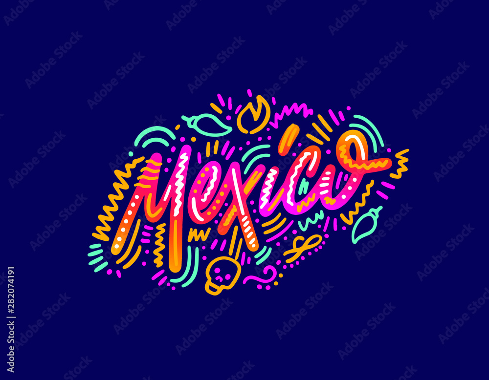 Mexico. Name country word text card, banner script. Beautiful ...