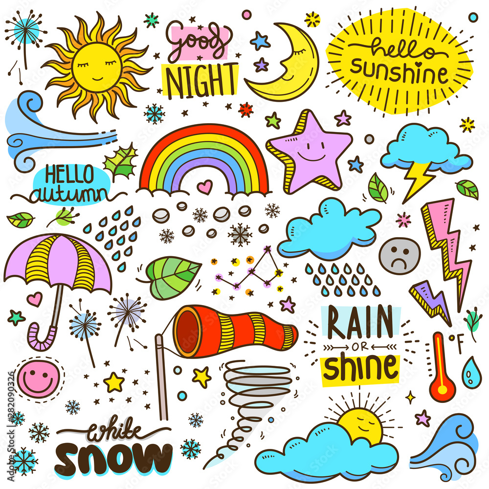 Weather Design elements. Colorful Vector Doodle Cartoon Illustration ...