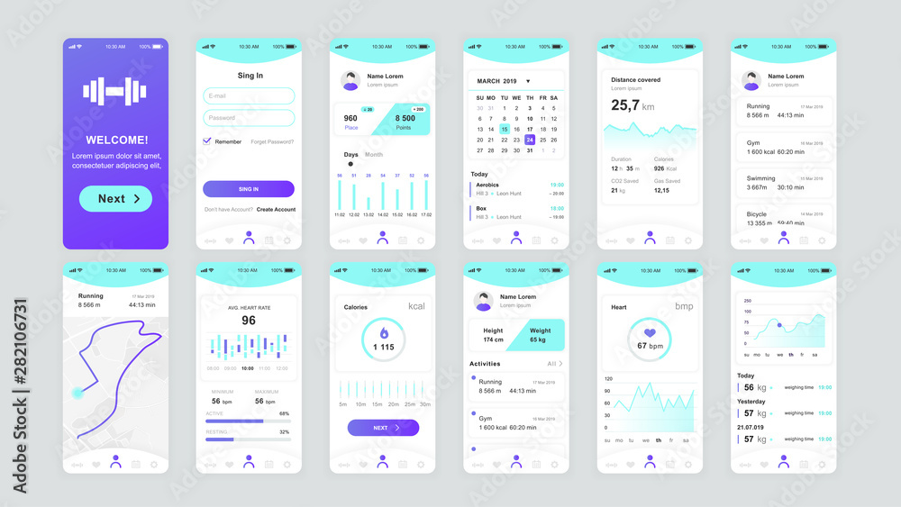 Set of UI, UX, GUI screens Fitness app flat design template for mobile ...