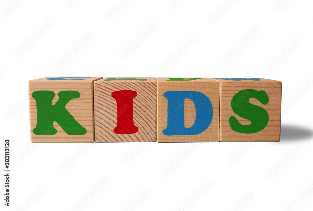 Wooden alphabet toy blocks with the text: Kids. Isolated kids ABC cubes ...