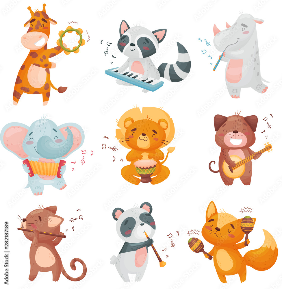 Set of cute animals musicians. Vector illustration on white background ...