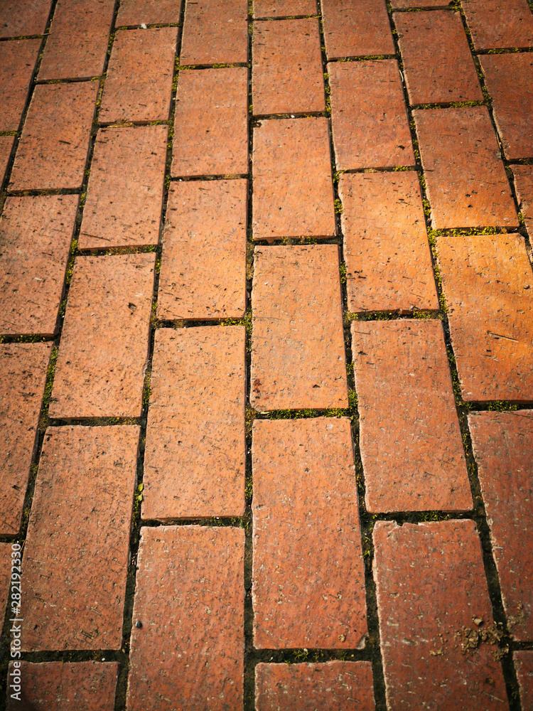 red brick road grasses in the gaps Stock Photo | Adobe Stock