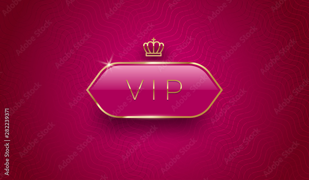 Vip glass label with golden crown and frame on a burgundy color pattern ...