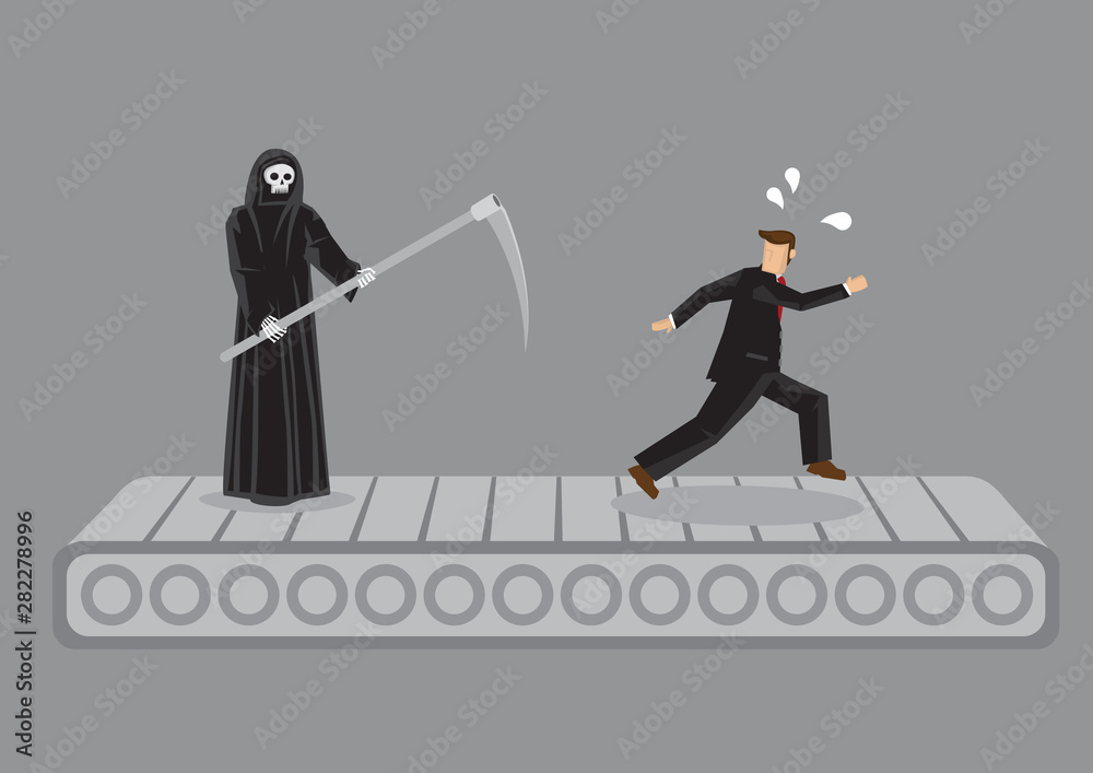 Cartoon Man Running on Treadmill Trying to Escape Death by Grim Reaper ...