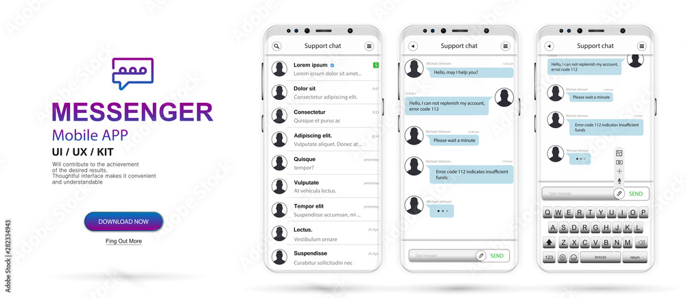 Messenger, Social network, Chat Interface. UI, UX, KIT Design Concept. Mobile modern Messenger ...
