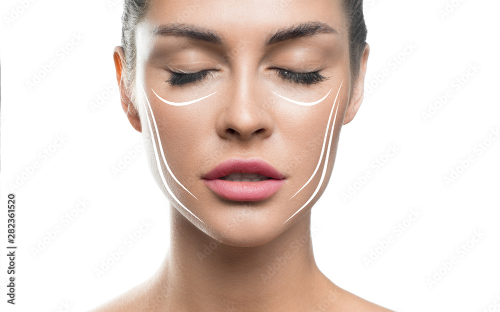 Face lift treatment anti aging skincare woman concept. woman face with ...