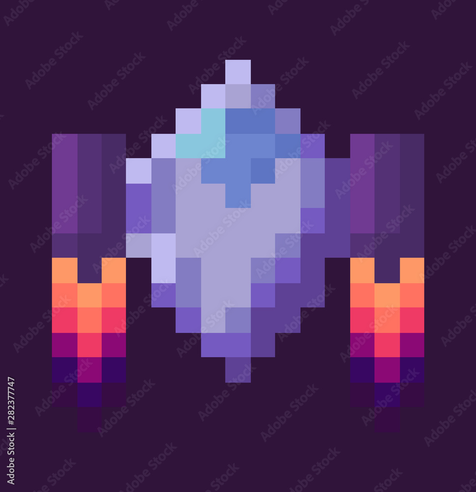 Retro spaceship, pixel art sign in 8 or 16 bit game in dark night sky ...