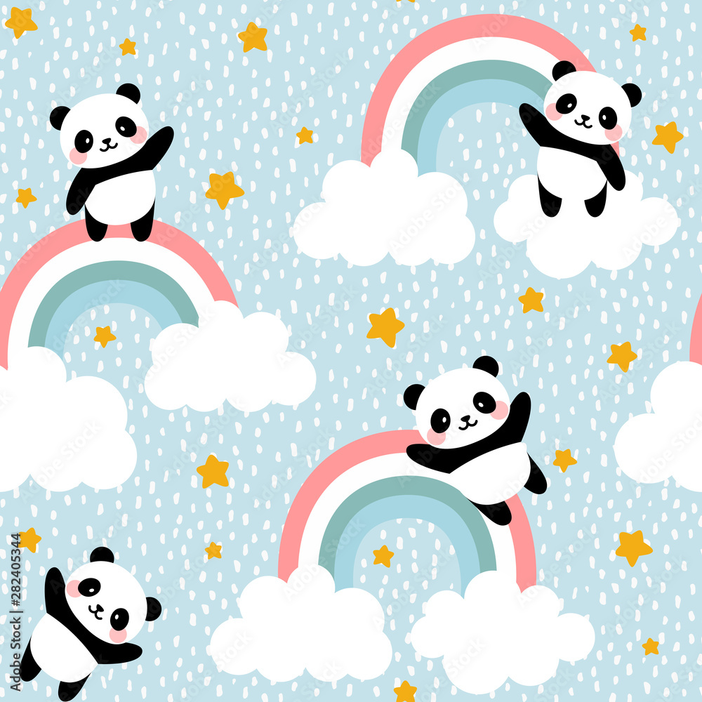 Panda Seamless Pattern Background, Happy cute panda flying in the sky ...