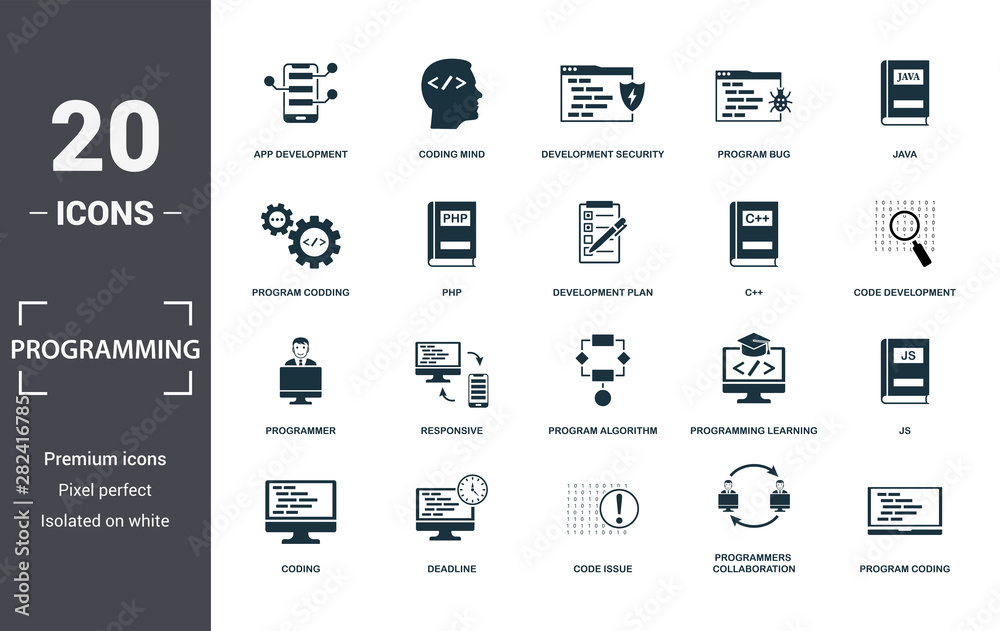 Programmer icon set. Contain filled flat coding, php, programming ...