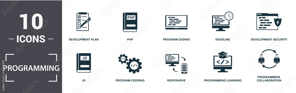 Programmer icon set. Contain filled flat development plan, programming ...