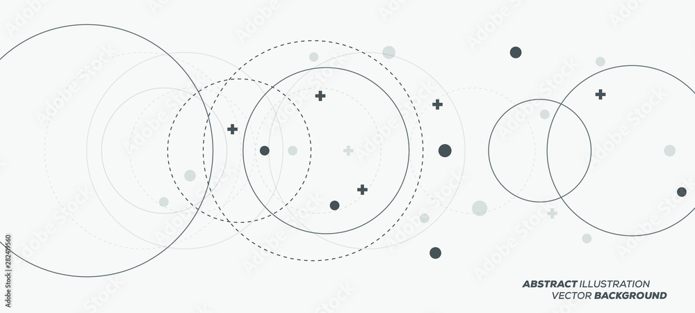 Abstract vector illustration with overlapping circles, dots and dashed circles. Science and ...