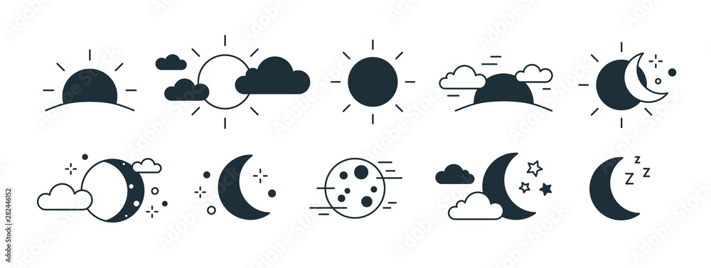 Bundle of rising or setting sun, crescent moon, cloud and stars symbols ...