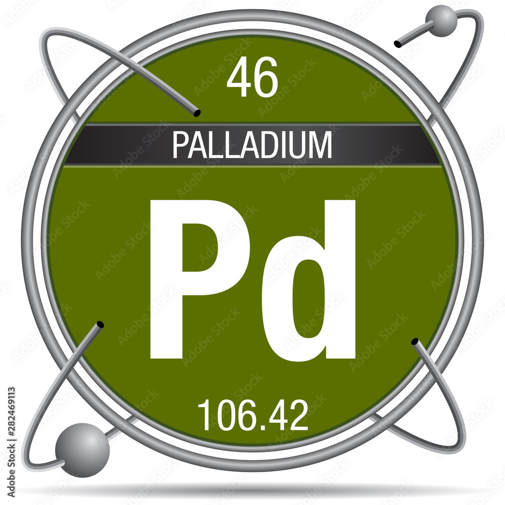 Palladium symbol inside a metal ring with colored background and ...