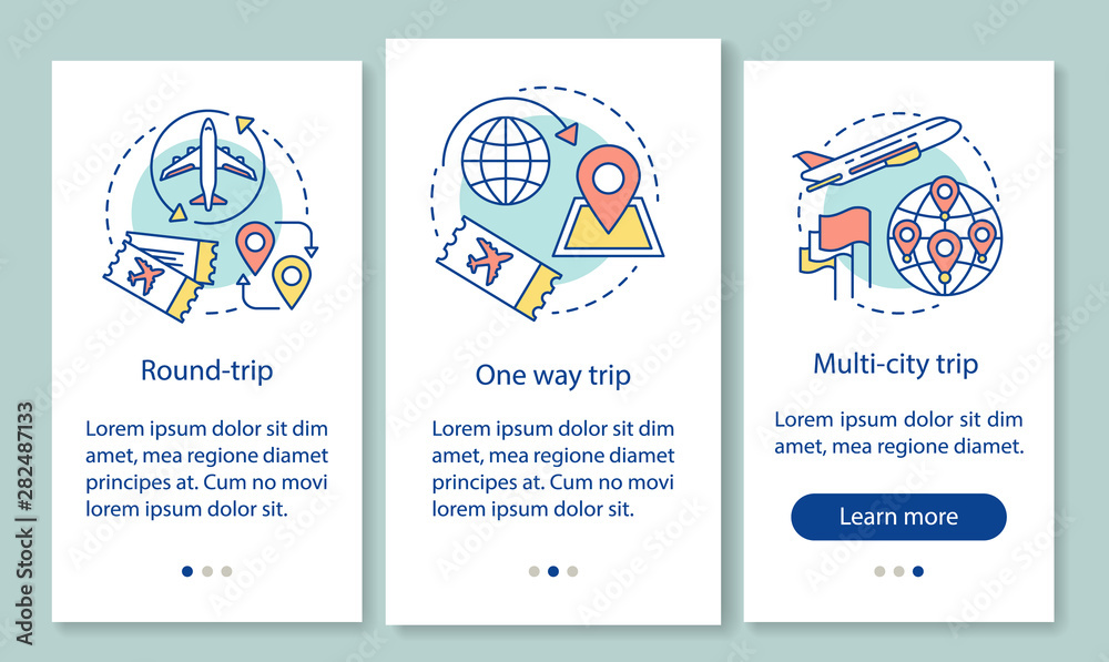 Aircraft flight ticket onboarding mobile app page screen with linear ...