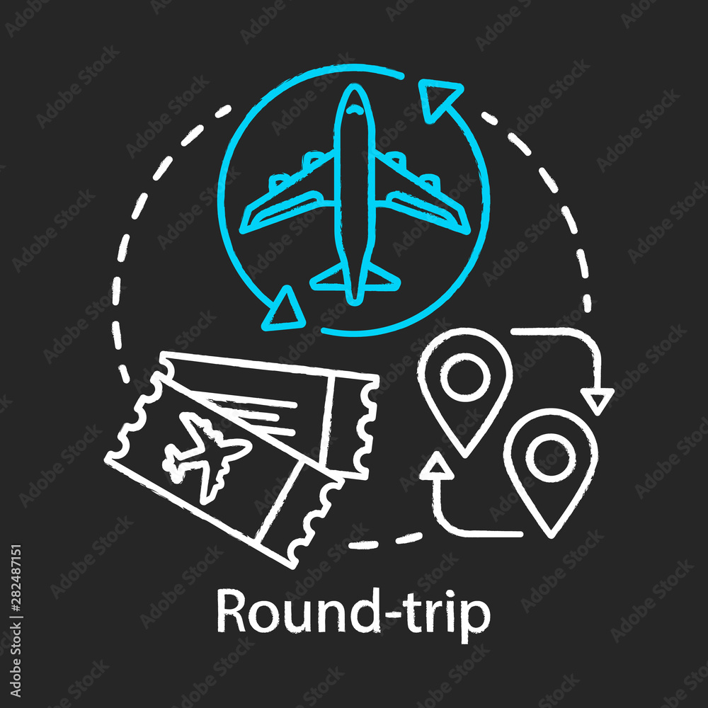 Round-trip chalk icon. Return ticket.Travelling by plane, airplane trip ...