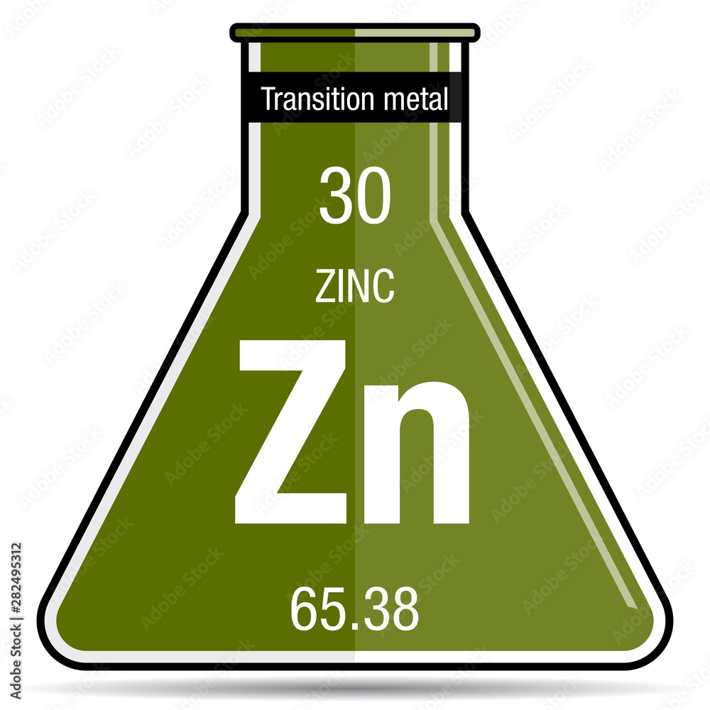 Zinc symbol on chemical flask. Element number 30 of the Periodic Table ...