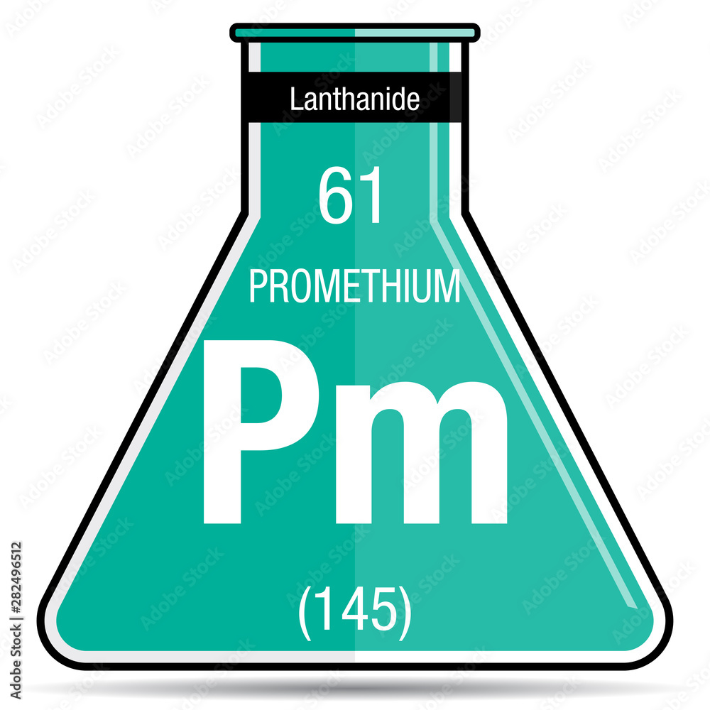Promethium symbol on chemical flask. Element number 61 of the Periodic ...