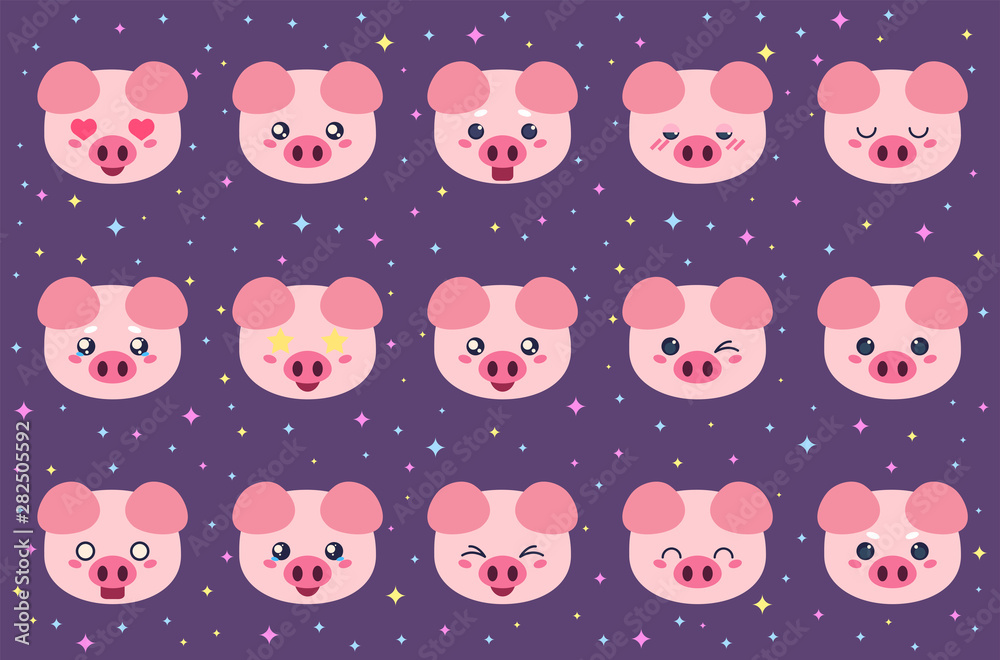 Colorful vector set of small cute pig emoticons. Collection isolated ...