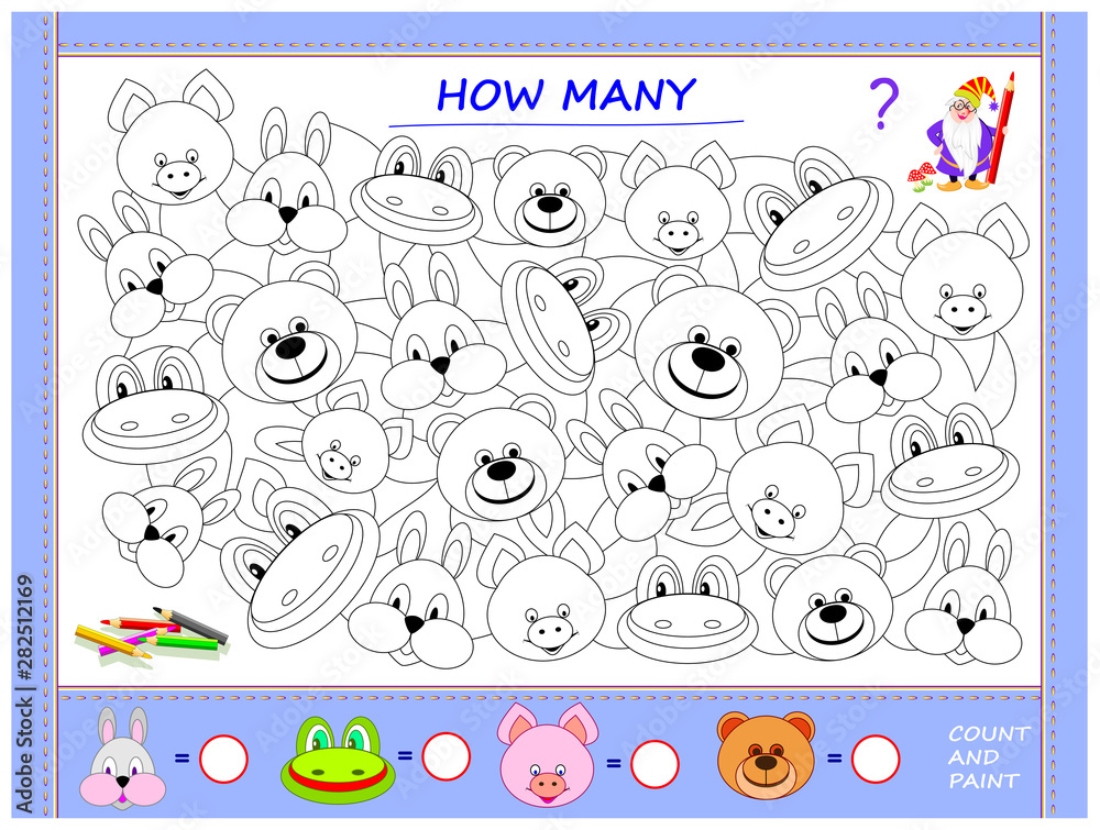 Educational page for little children on math. Find animals, paint them ...
