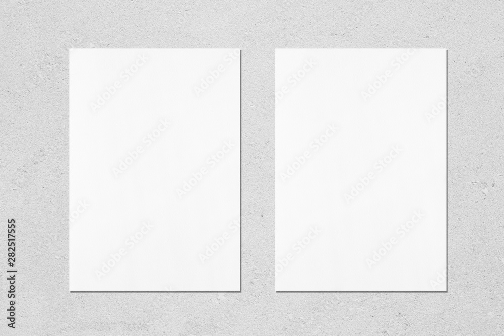 Two empty white vertical rectangle poster mockups with soft shadows on ...