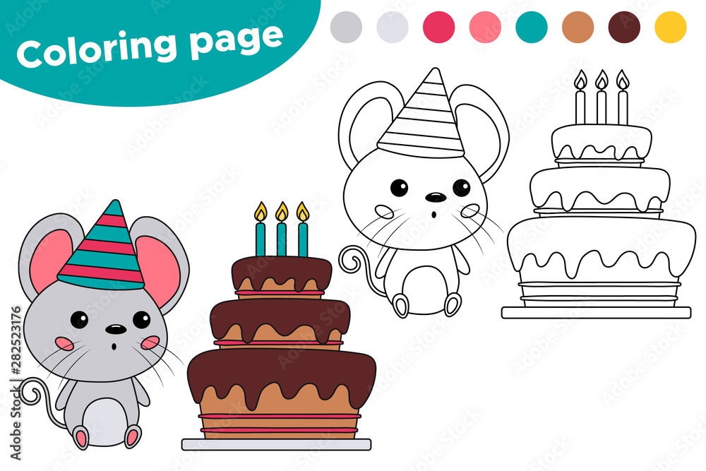 Coloring page for children. Cute kawaii cartoon mouse with birthday ...