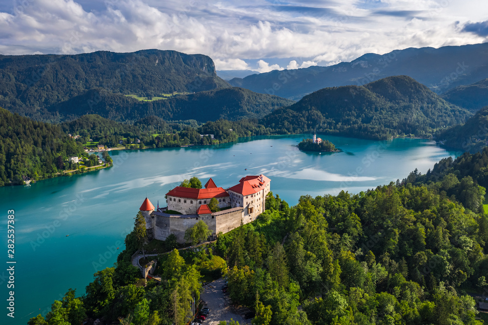 Bled, Slovenia - Aerial drone view of beautiful Bled Castle (Blejski ...