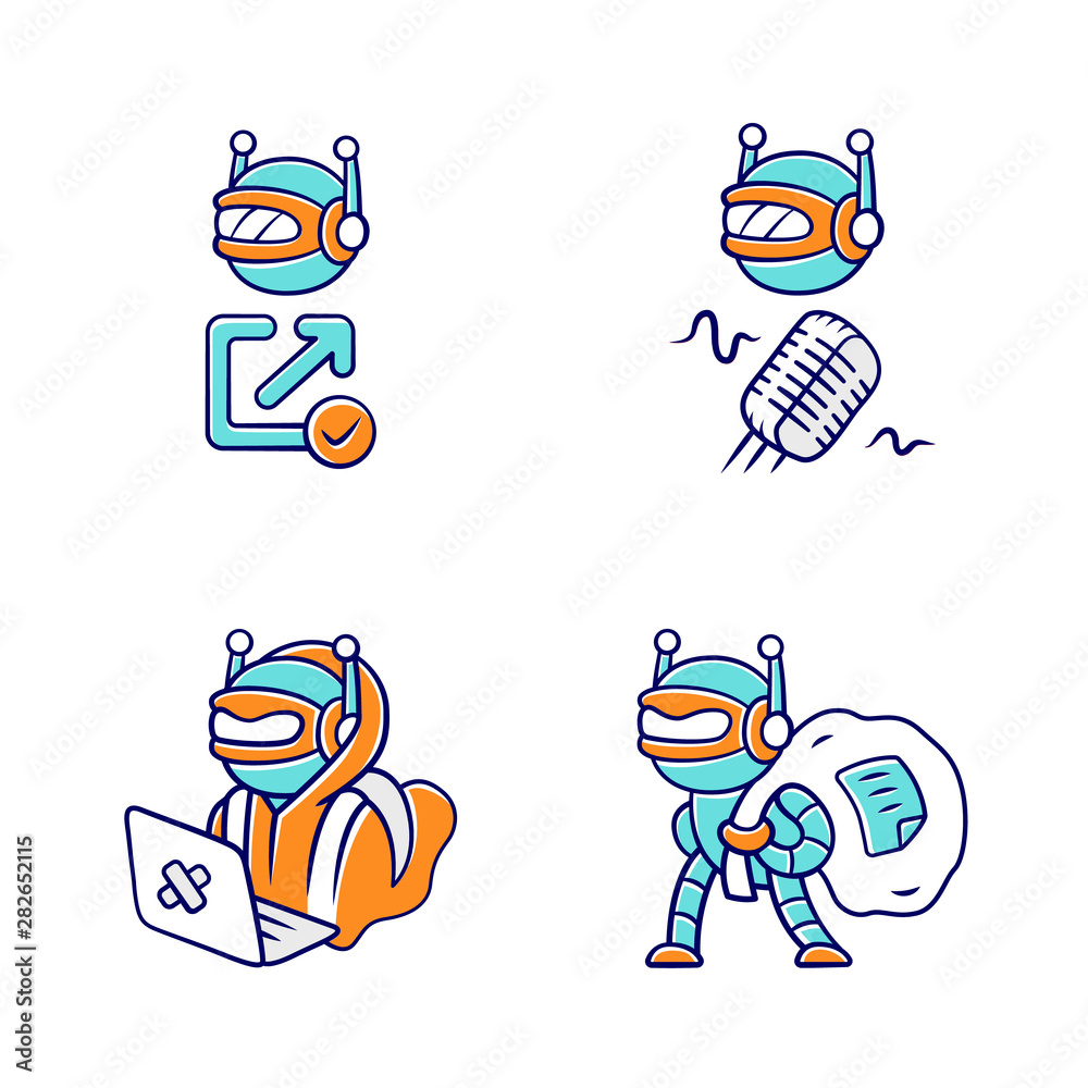 Bot types color icons set. Hacker, backlink checker, scraper bots. Malicious robot. Artificial ...