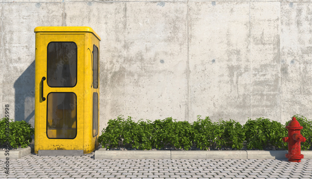 Single old yellow phone booth in retro style on the footpath in the ...