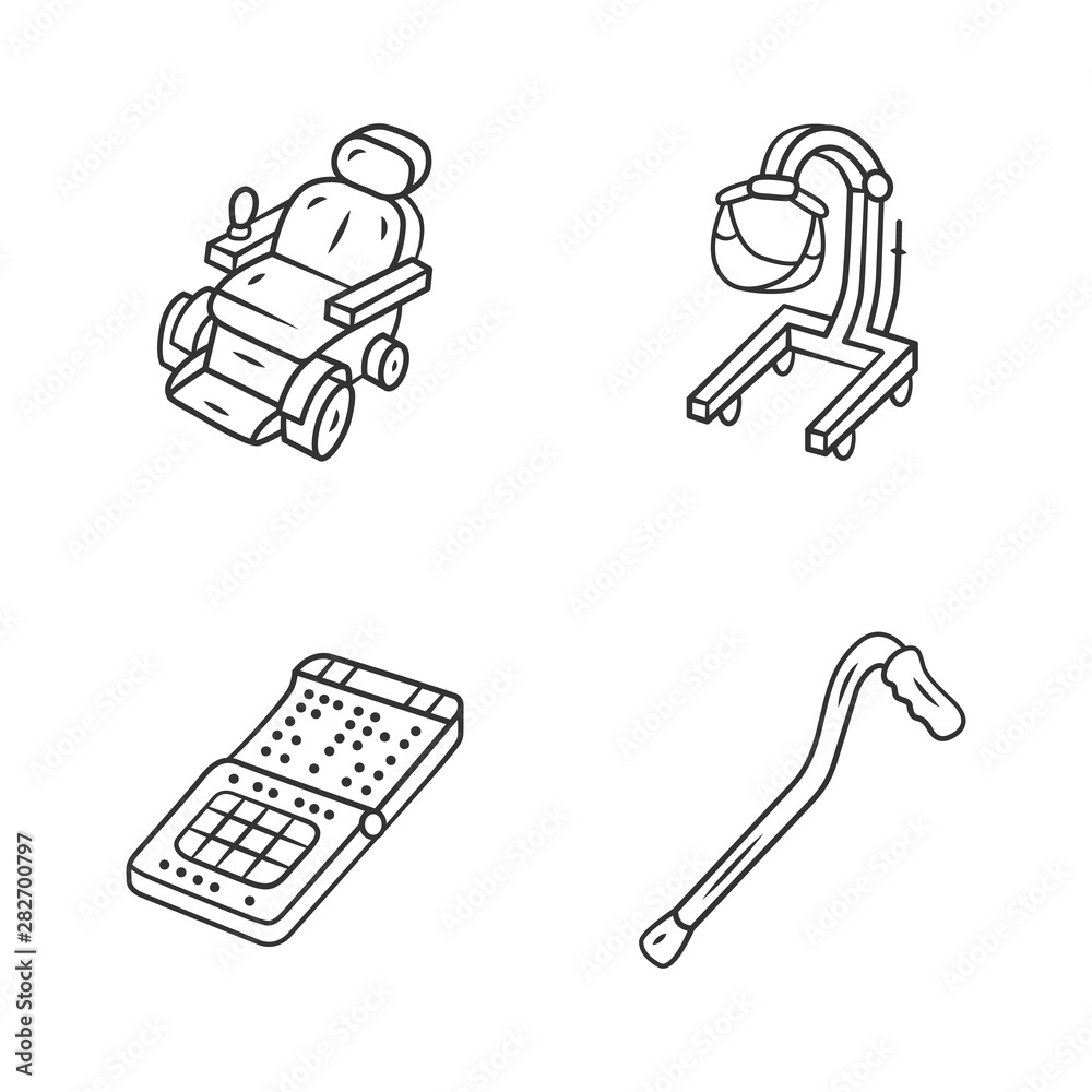 Disabled devices linear icons set. Motorized wheelchair, patient lift ...