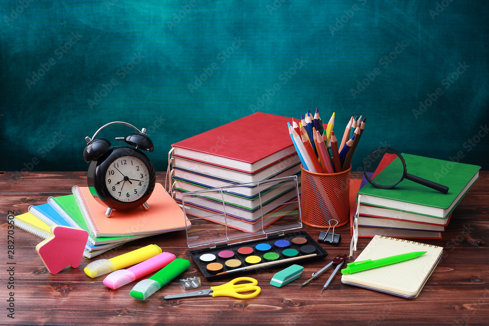 Back to school concept. School bag, pencils, crayons, scissor ...