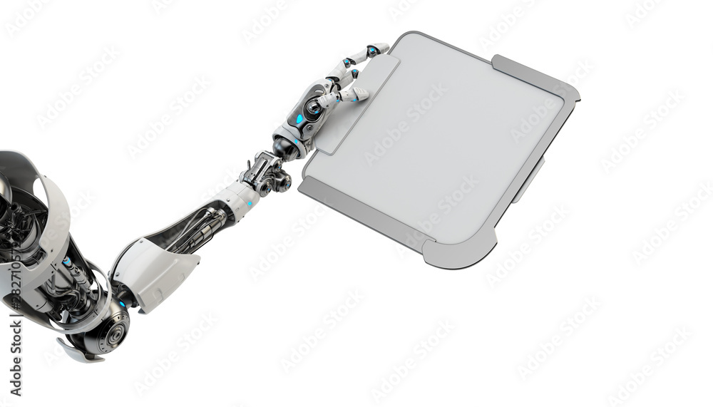 Artificial robotic arm holding blank sci-fi tablet, 3d rendering Stock ...
