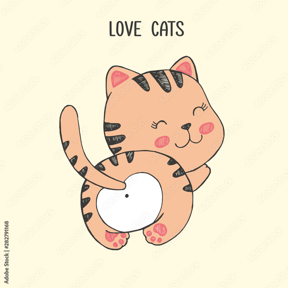 Vector illustration of cute hand drawn cat, back view, ass with a heart ...