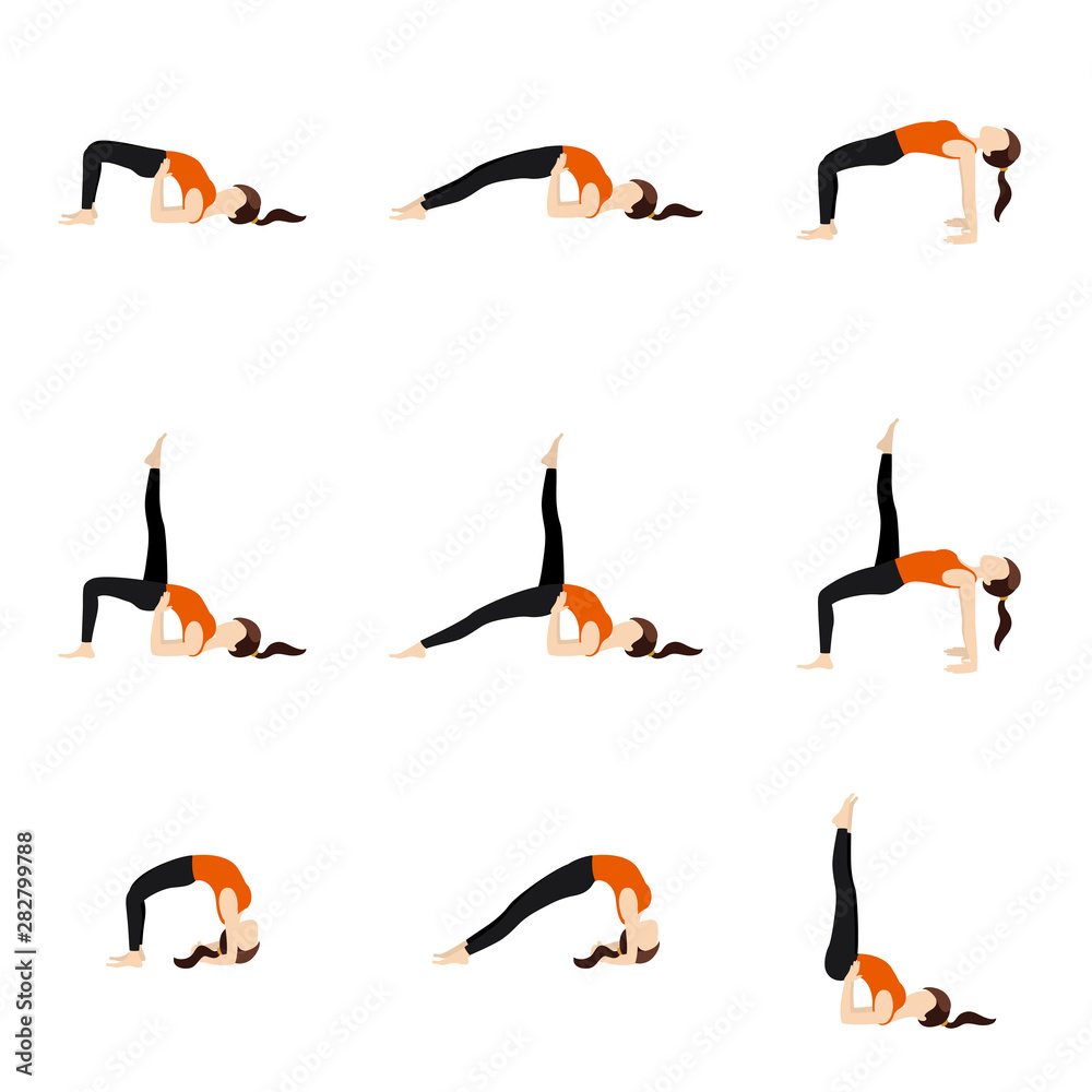Spine extension yoga poses set/ Illustration stylized woman practicing ...