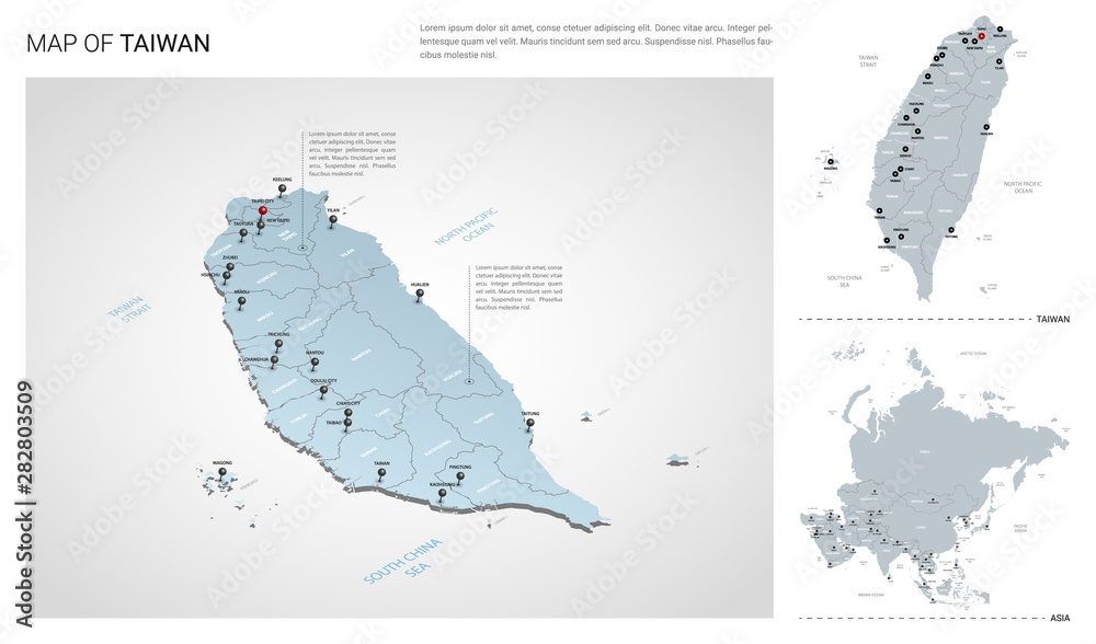 Vector set of Taiwan country. Isometric 3d map, Taiwan map, Asia map ...