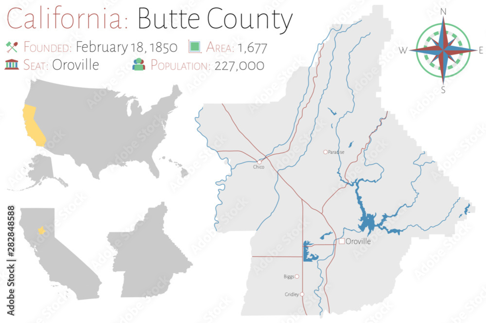 Large and detailed map of Butte county in California, USA Stock Vector ...