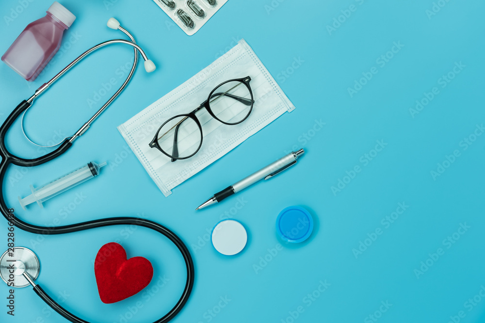 Table top view aerial image of accessories healthcare & medical ...