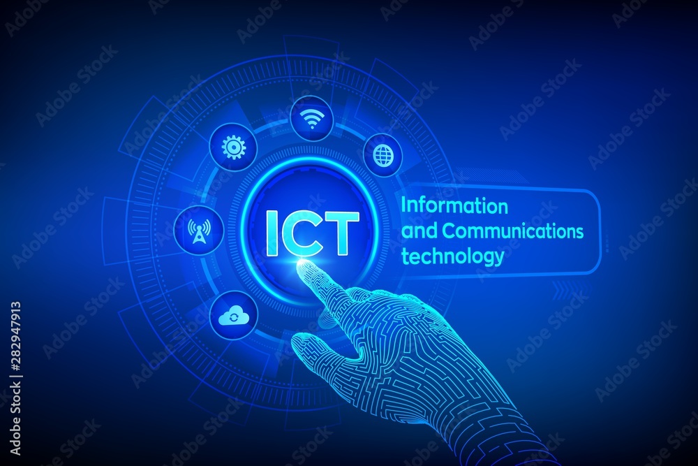 ICT. Information and communication technology concept on virtual screen ...