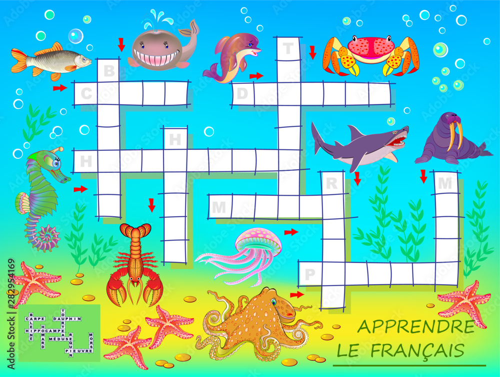 Vector de Stock Learn French. Crossword puzzle game with sea animals ...